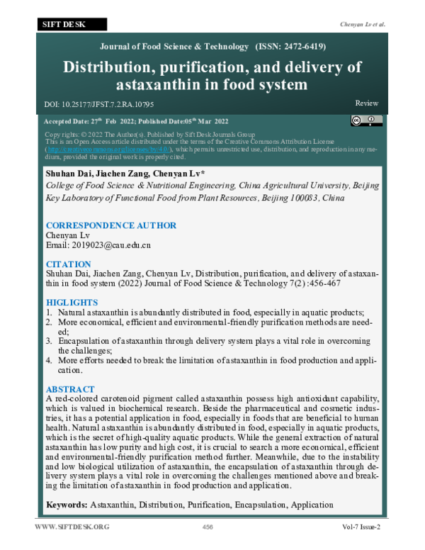 (PDF) Distribution, purification, and delivery of astaxanthin in food system