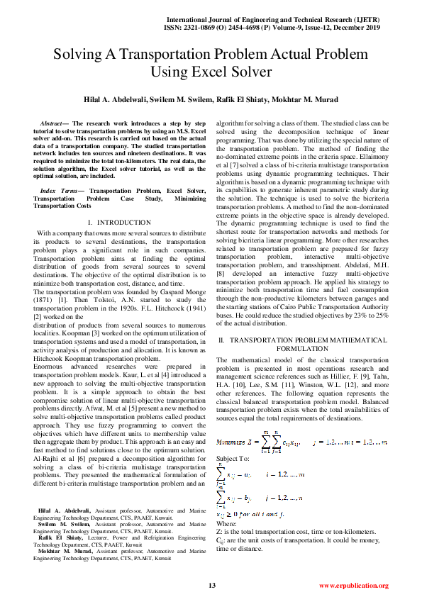 (PDF) Solving A Transportation Problem Actual Problem Using Excel Solver (PDF) Solving A Transportation Problem Actual Problem Using Excel Solver