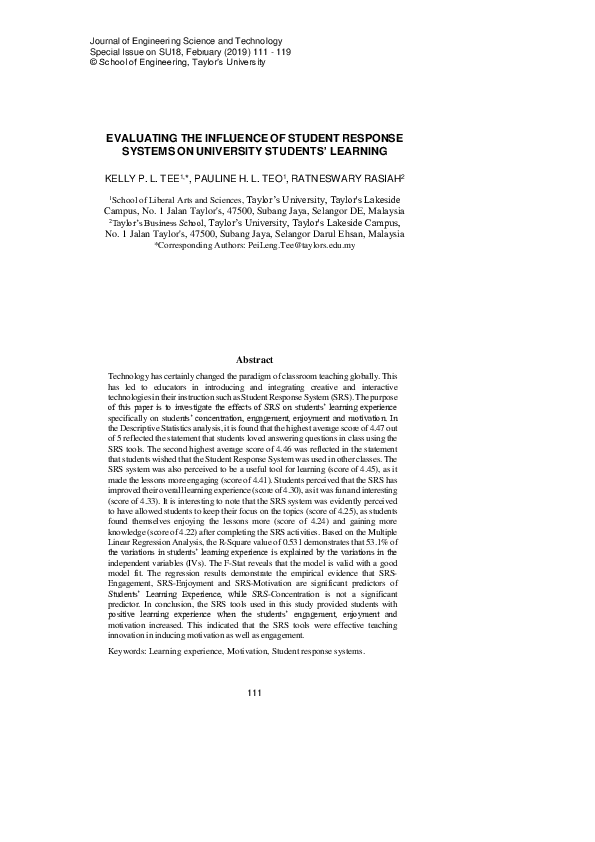 (PDF) Evaluating the Influence of Student Response Systems on University Students’ Learning