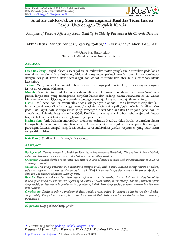 (PDF) Analisis Faktor-Faktor yang Memengaruhi Kualitas Tidur Pasien Lanjut Usia dengan Penyakit ...