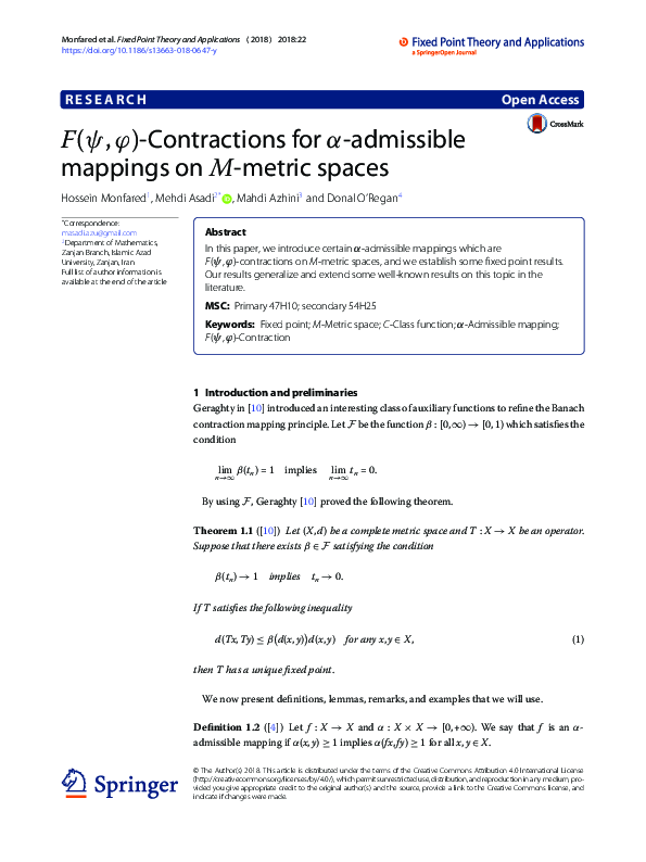 (PDF) F ( ψ , φ ) $F(\psi,\varphi)$ -Contractions for α-admissible mappings on M-metric spaces