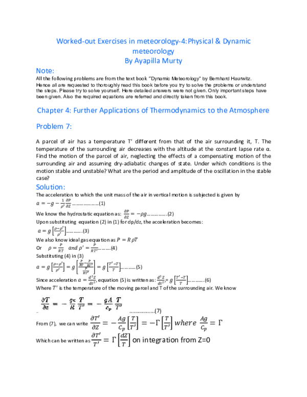 (PDF) Worked-out Exercises in meteorology-4:Physical & Dynamic meteorology