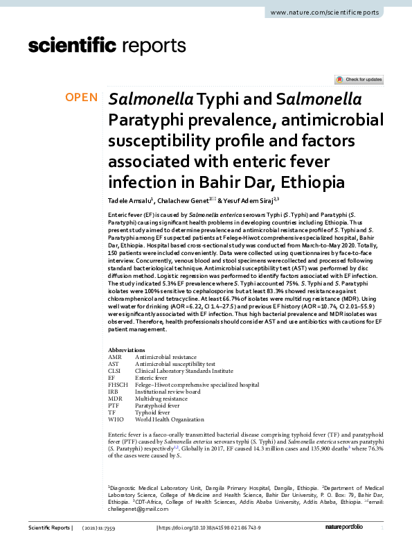 (PDF) Salmonella Typhi and Salmonella Paratyphi prevalence ...