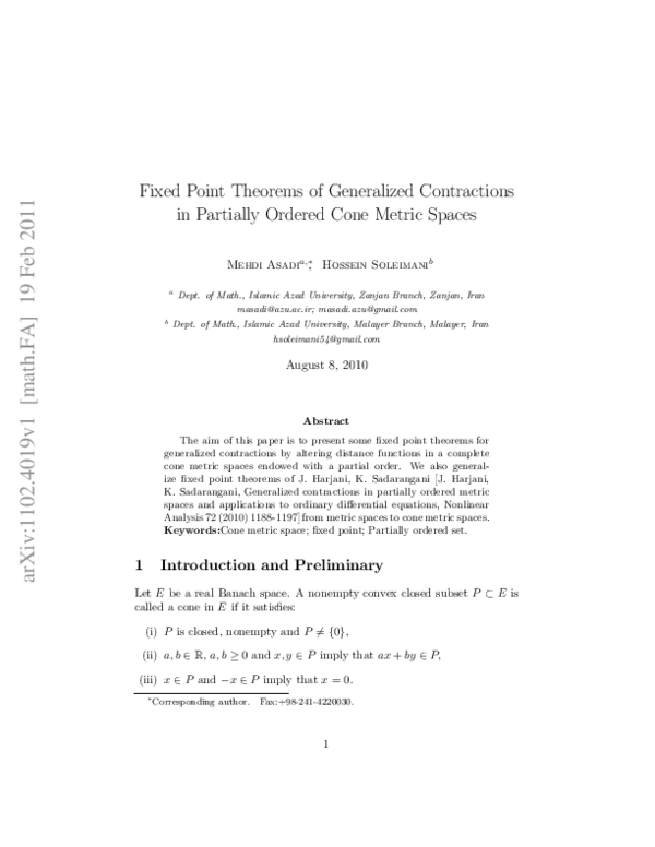 Pdf Fixed Point Theorems Of Generalized Contractions In Partially Ordered Cone Metric Spaces