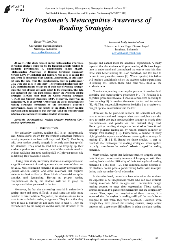 (PDF) The Freshmenrs Metacognitive Awareness of Reading Strategies