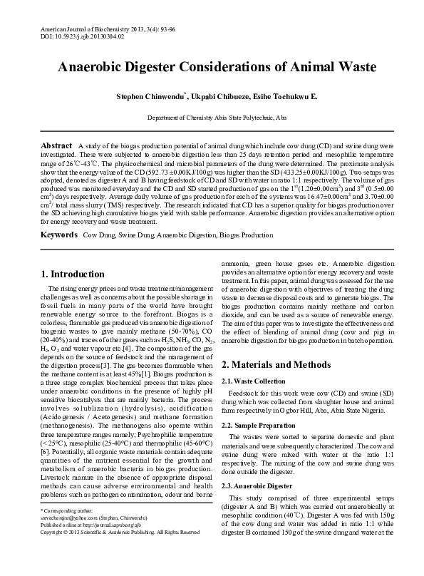 (PDF) Anaerobic Digester Considerations of Animal Waste