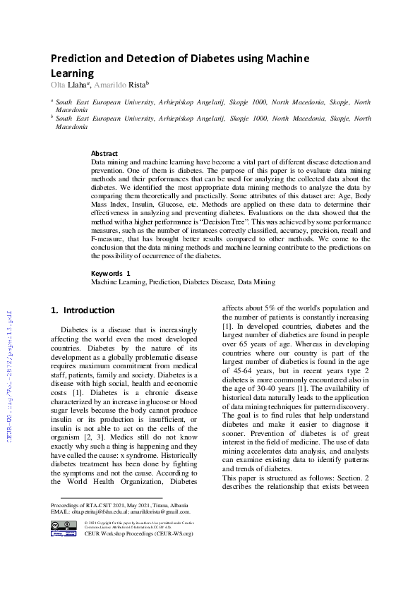(PDF) Prediction and Detection of Diabetes using Machine Learning