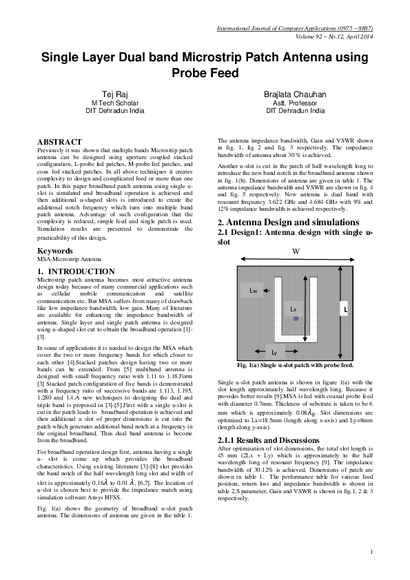 (PDF) 1 Single Layer Dual band Microstrip Patch Antenna using Probe Feed