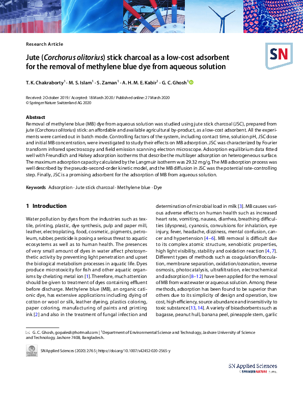 (PDF) Jute (Corchorus olitorius) stick charcoal as a low-cost adsorbent for the removal of ...