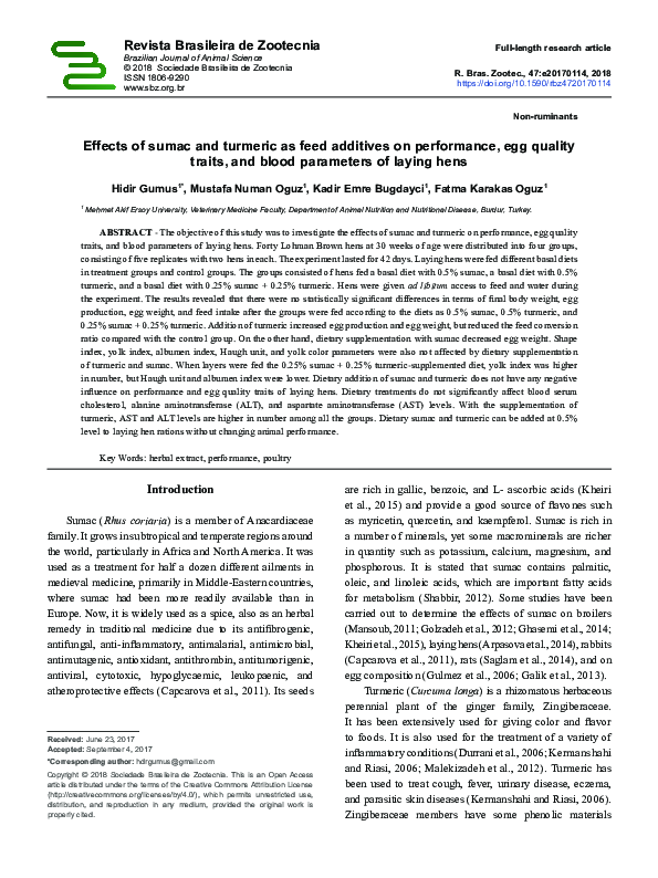 (PDF) Effects of sumac and turmeric as feed additives on performance, egg quality traits, and ...