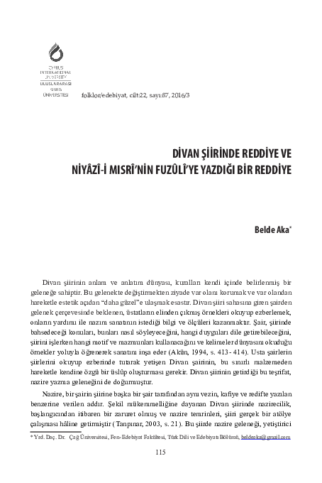 (PDF) Reddiye" in the Ottoman Poetry and a "Reddiye" of Niyazi-I Misri ...