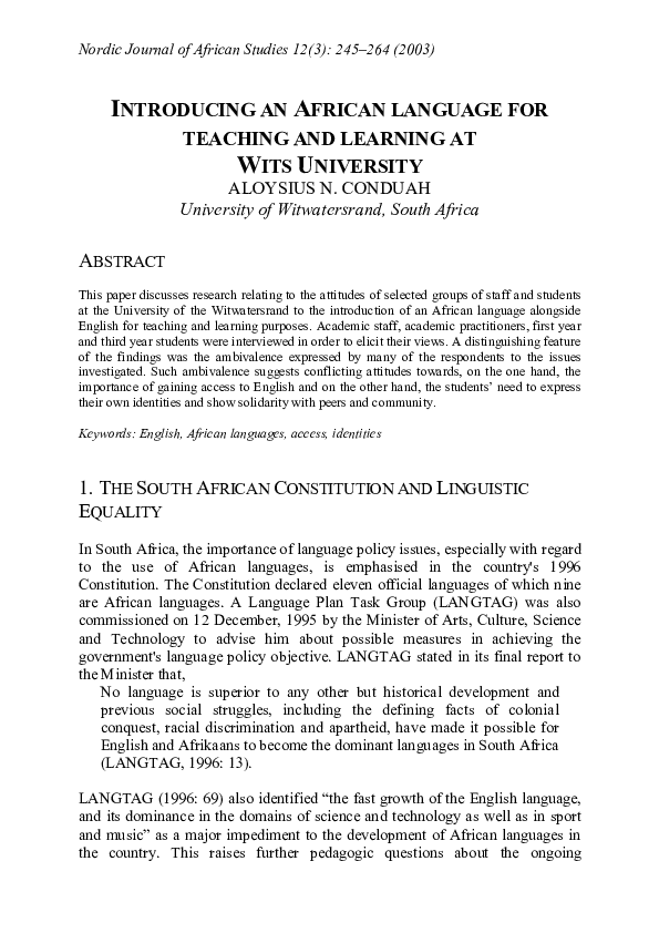 (PDF) Introducing an African Language for Teaching and Learning at Wits ...