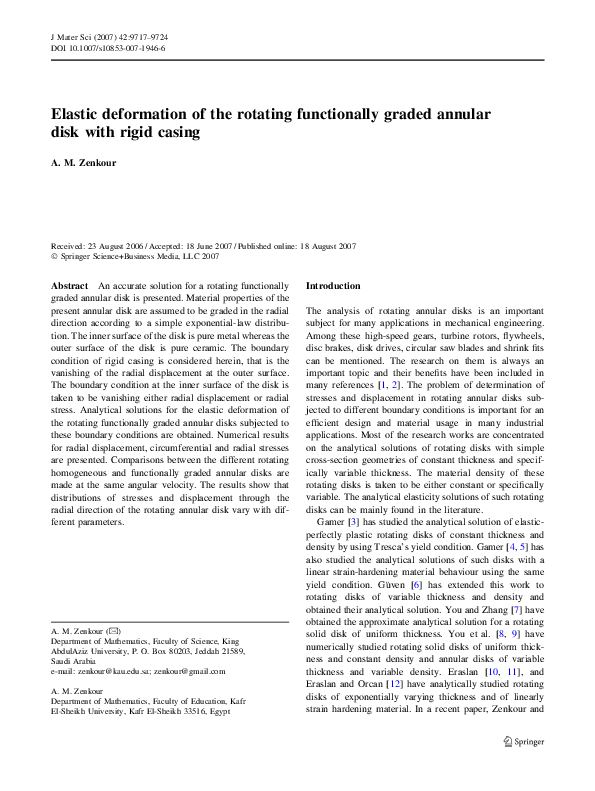 (PDF) Elastic deformation of the rotating functionally graded annular disk with rigid casing