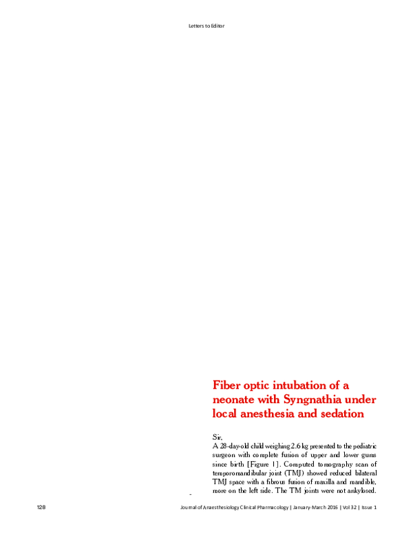 (PDF) Fiber optic intubation of a neonate with Syngnathia under local ...