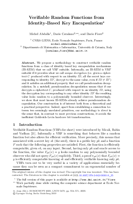 (PDF) Verifiable random functions from identity-based key encapsulation