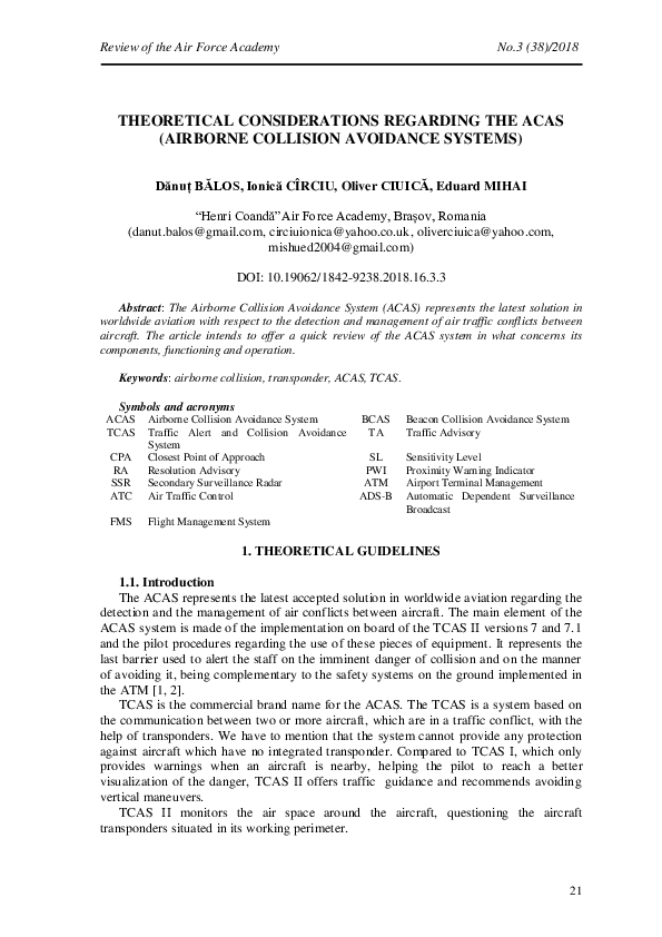 (PDF) Theoretical Considerations Regarding the Acas (Airborne Collision Avoidance Systems)