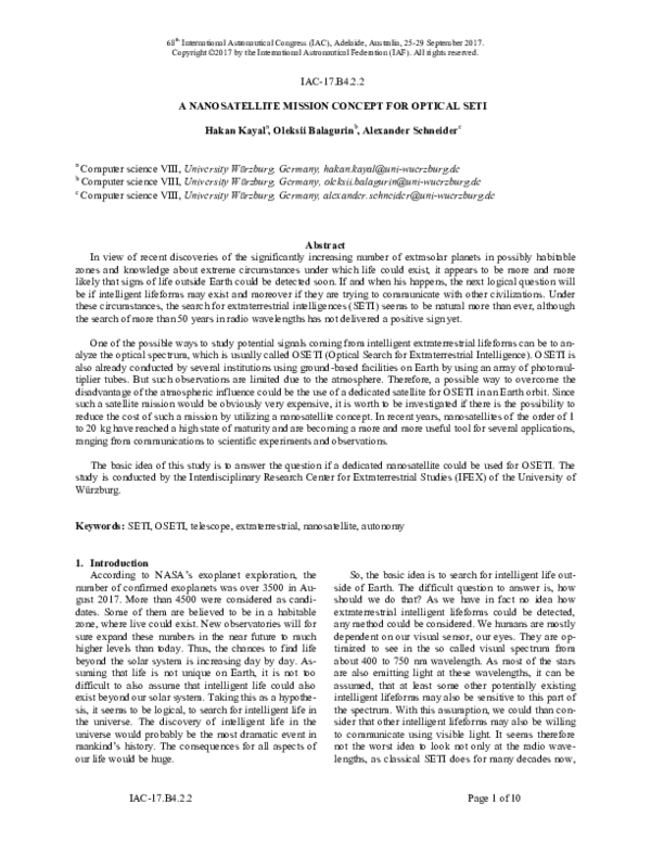 (PDF) A Nanosatellite Mission Concept for Optical Seti