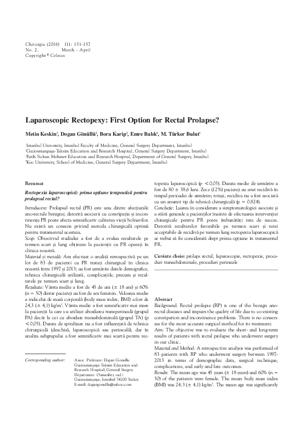 (PDF) Laparoscopic Rectopexy: First Option for Rectal Prolapse?