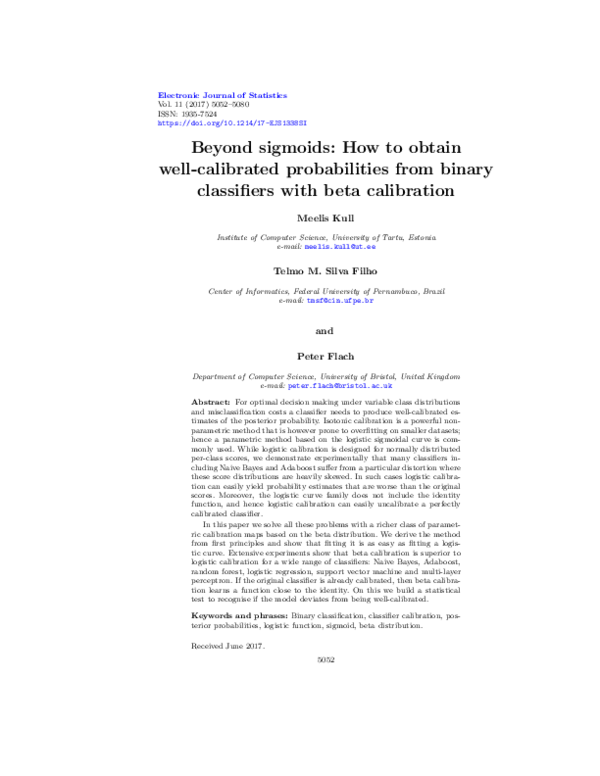(PDF) Beyond sigmoids: How to obtain well-calibrated probabilities from binary classifiers with ...