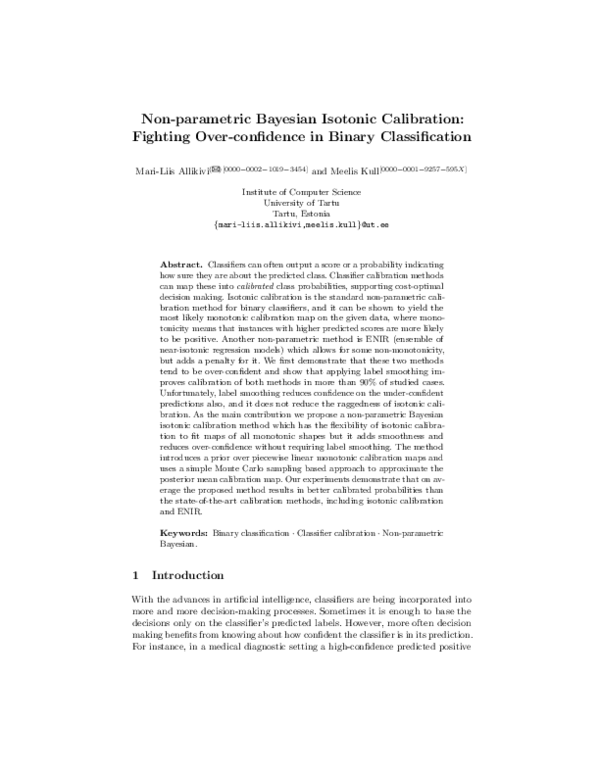 (PDF) Non-parametric Bayesian Isotonic Calibration: Fighting Over-Confidence in Binary ...