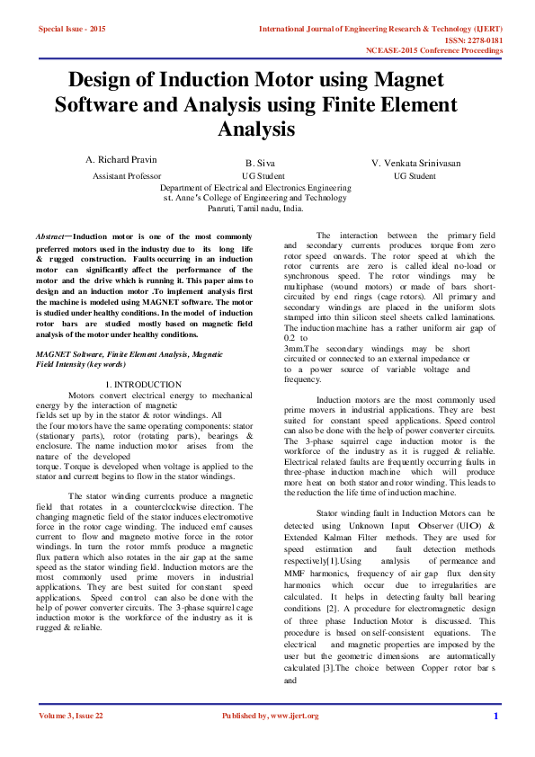 Pdf Design Of Induction Motor Using Magnet Software And Analysis Using Finite Element Analysis
