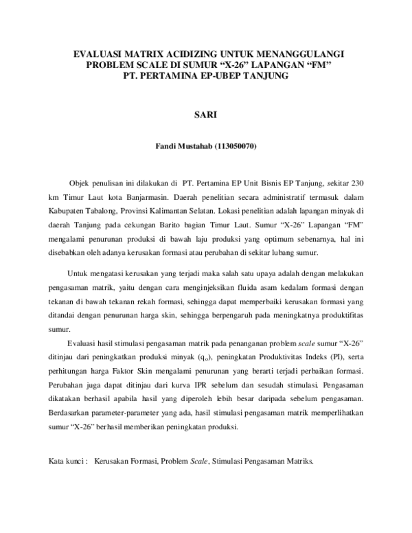 (PDF) Evaluasi Matrix Acidizing Untuk Menanggulangi Problem Scale DI Sumur “X-26” Lapangan “FM ...