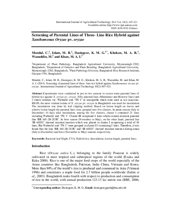 (PDF) Screening of parental lines of three- line rice hybrid against ...