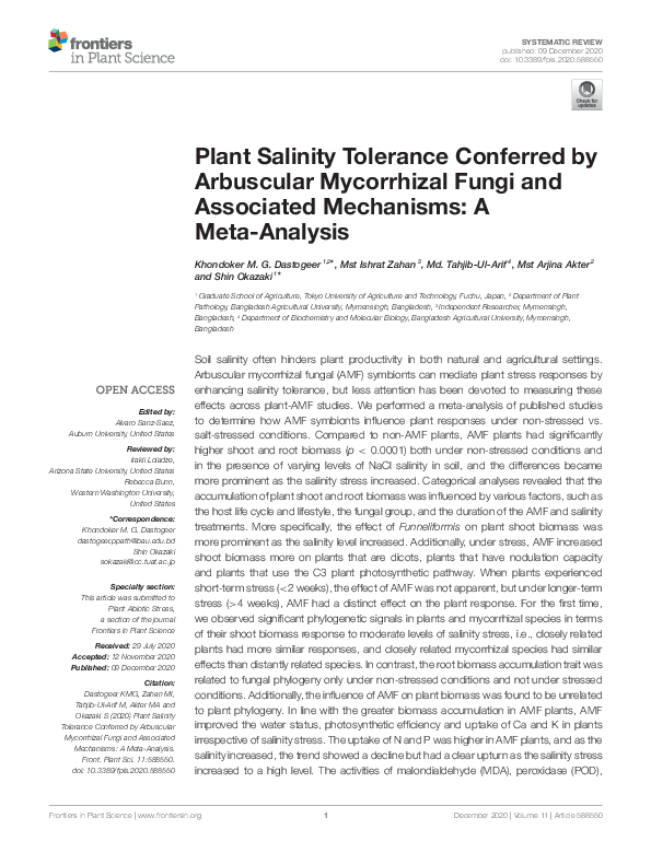 (PDF) Plant Salinity Tolerance Conferred by Arbuscular Mycorrhizal Fungi and Associated ...