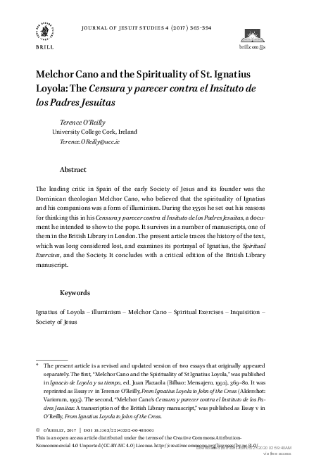 (PDF) Melchor Cano and the Spirituality of St. Ignatius Loyola: The Censura y parecer contra el ...