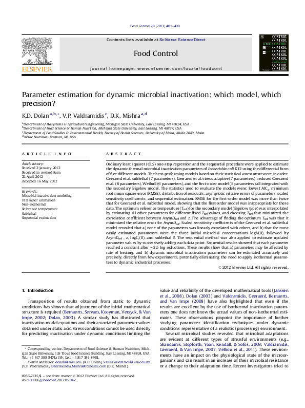 (PDF) Parameter estimation for dynamic microbial inactivation; which ...