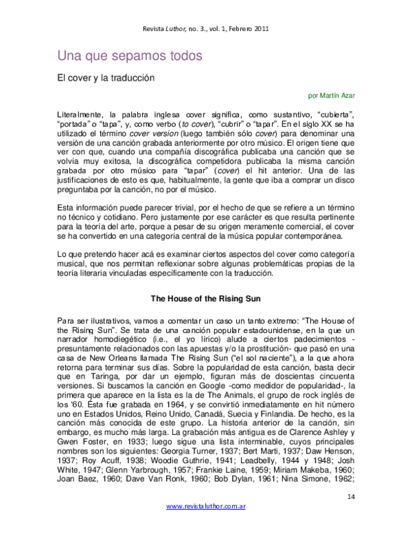 (PDF) Una que sepamos todos: El cover y la traducción