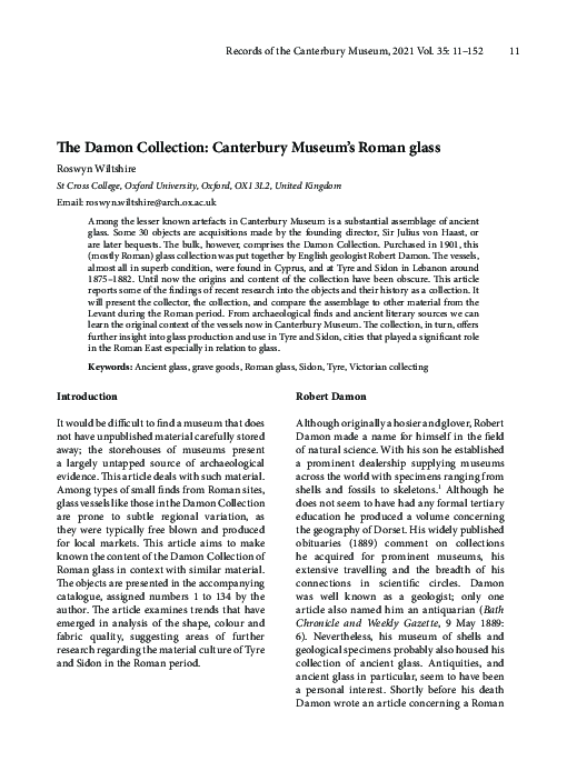 (PDF) The Damon Collection: Canterbury Museum’s Roman glass