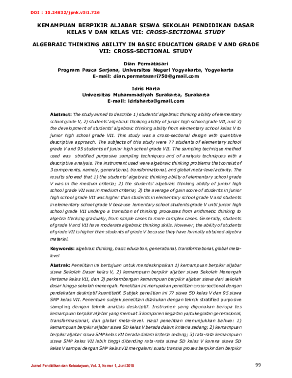 (PDF) Kemampuan Berpikir Aljabar Siswa Sekolah Pendidikan Dasar Kelas V Dan Kelas VII: Cross ...