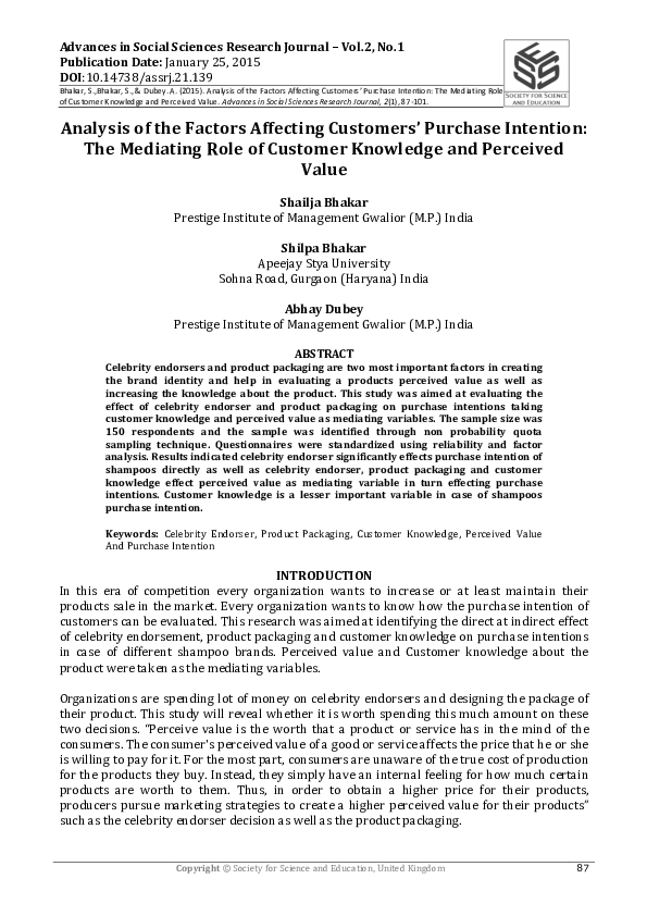 (PDF) Analysis of the Factors Affecting Customers’ Purchase Intention: The Mediating Role of ...
