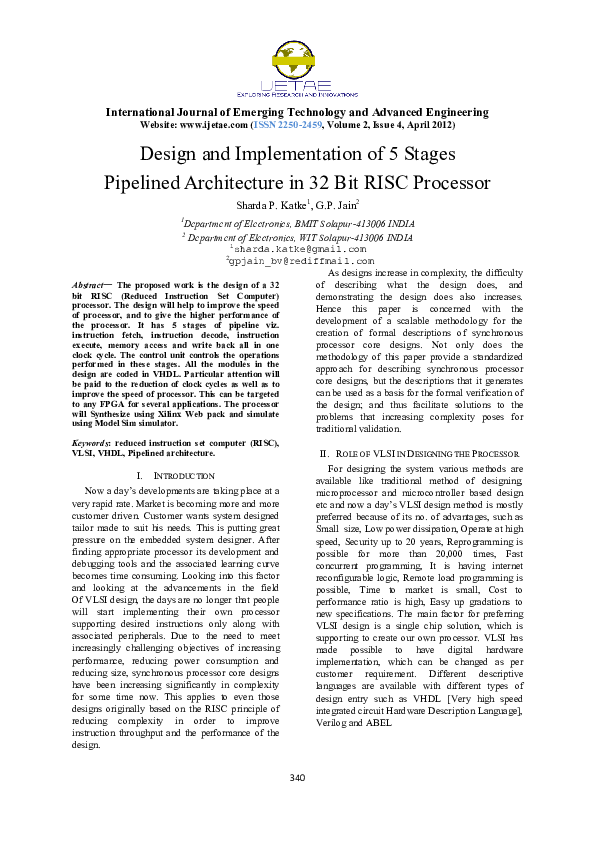 Pdf Design And Implementation Of 5 Stages Pipelined Architecture In