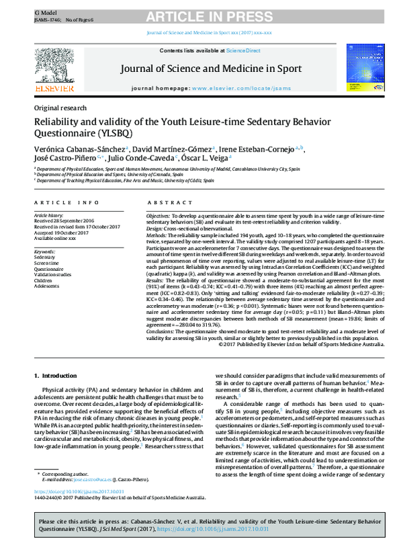 (PDF) Reliability and validity of the Youth Leisure-time Sedentary ...