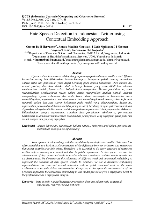 Pdf Hate Speech Detection In Indonesian Twitter Using Contextual Embedding Approach