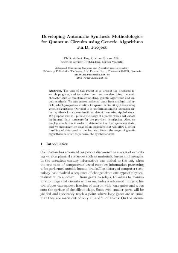 Pdf Developing Automatic Synthesis Methodologies For Quantum Circuits Using Genetic Algorithms