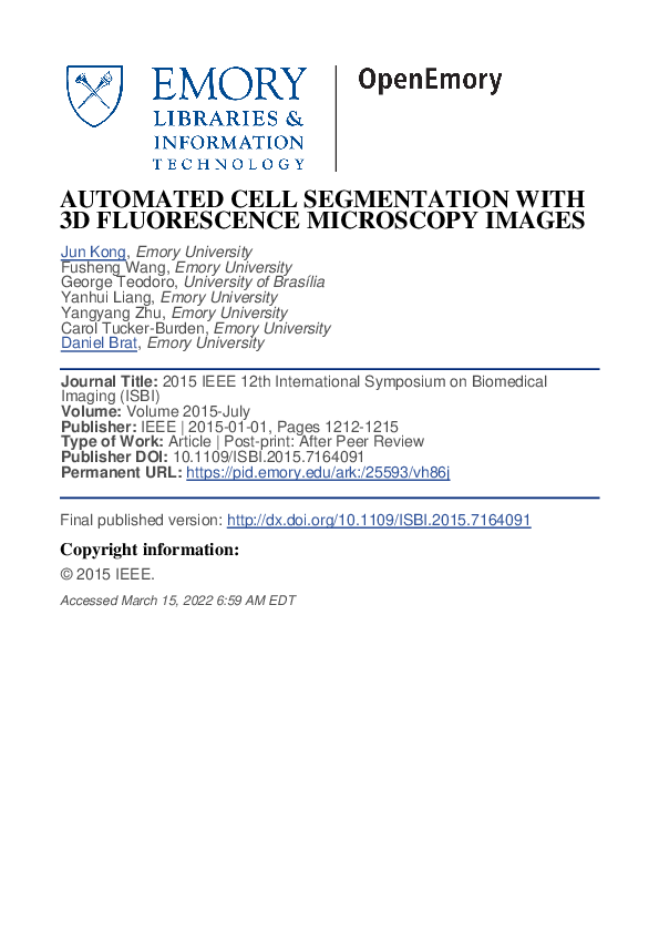 Pdf Automated Cell Segmentation With 3d Fluorescence Microscopy Images