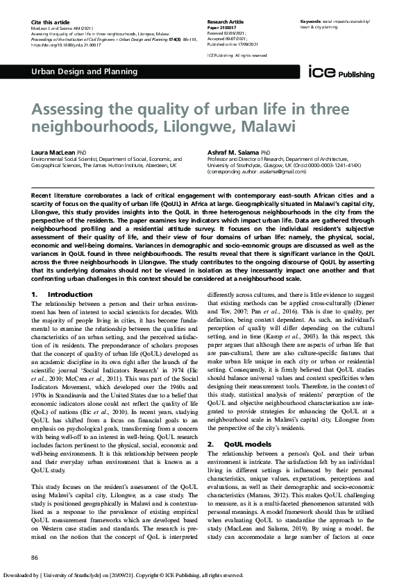 (PDF) Assessing the quality of urban life in three neighbourhoods ...