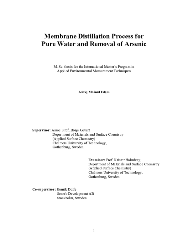 (PDF) Membrane distillation process for pure water and removal of arsenic