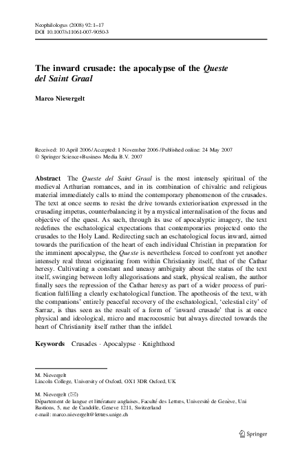 (PDF) The inward crusade: the apocalypse of the Queste del Saint Graal