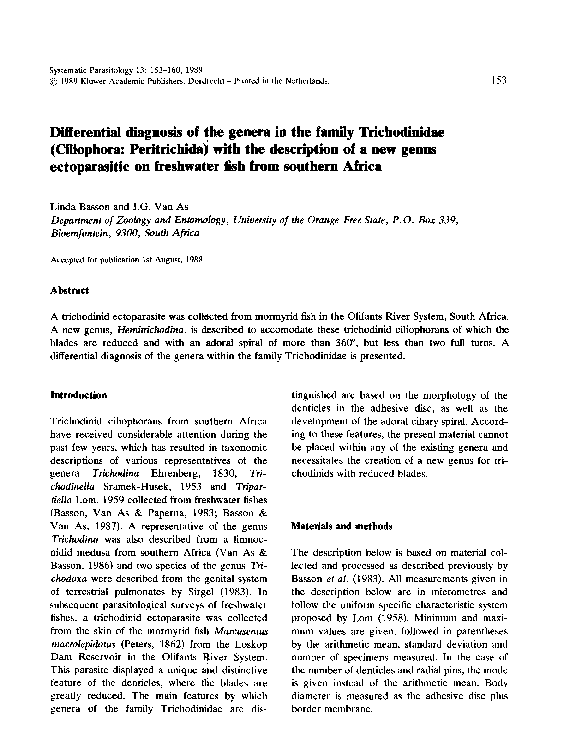 (PDF) Differential diagnosis of the genera in the family Trichodinidae ...