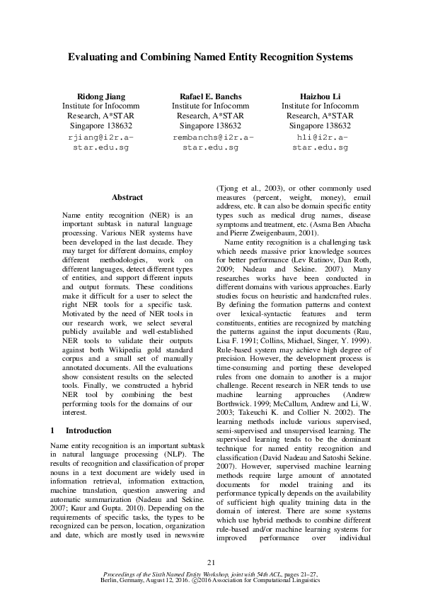 (PDF) Evaluating and Combining Name Entity Recognition Systems