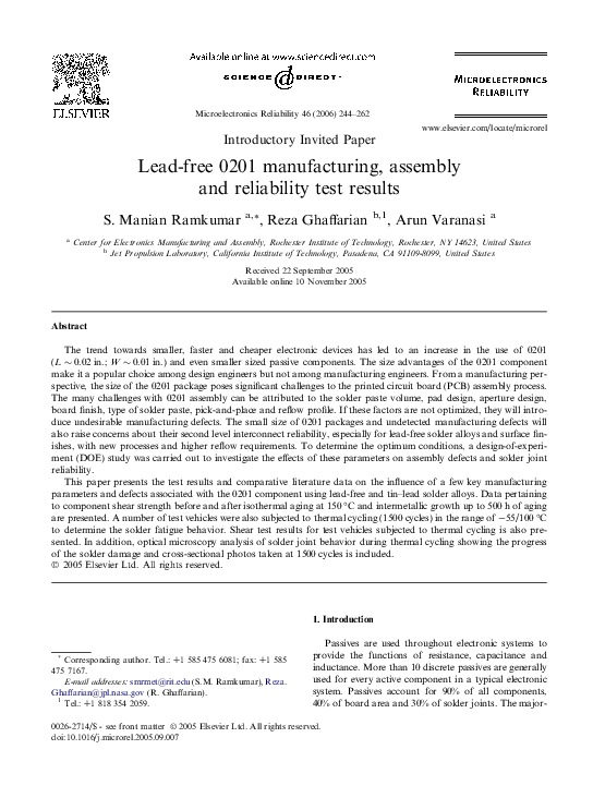 (PDF) Lead-free 0201 manufacturing, assembly and reliability test results
