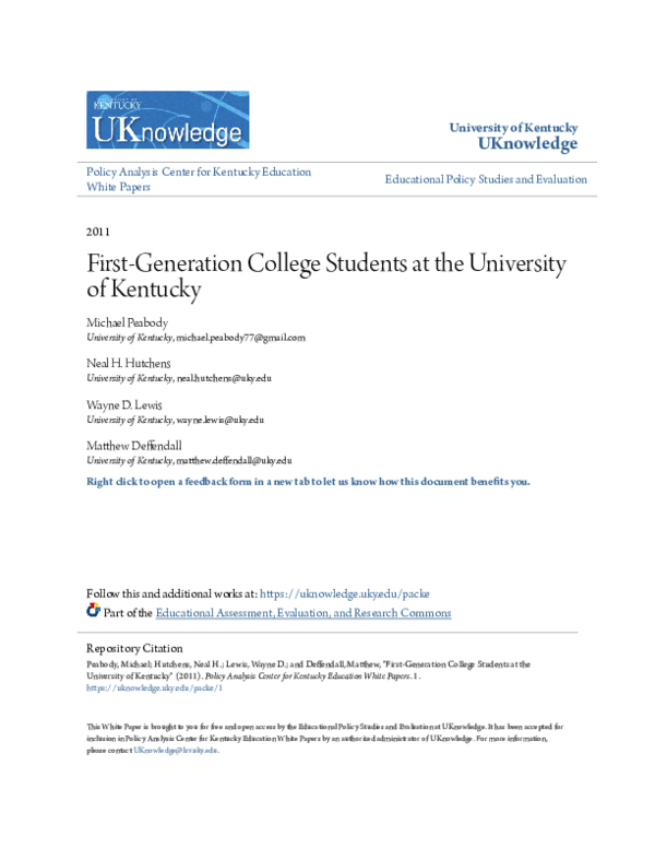(PDF) First-Generation College Students at the University of Kentucky