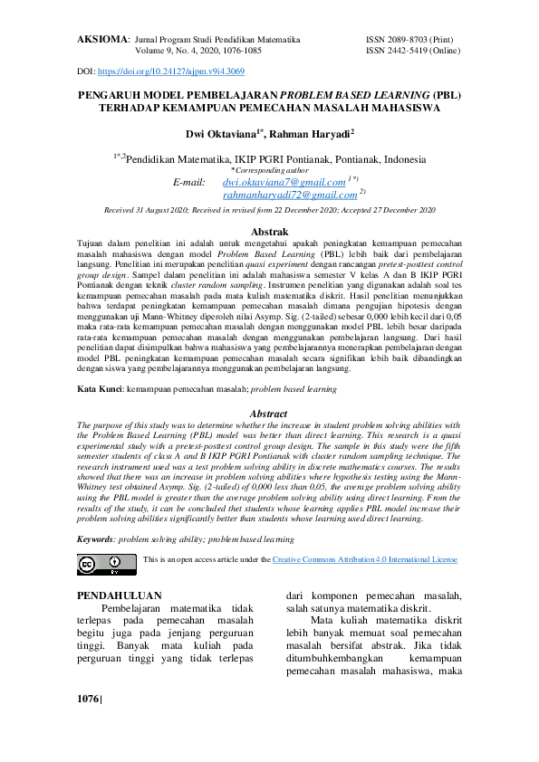 (PDF) Pengaruh Model Pembelajaran Problem Based Learning (PBL) Terhadap Kemampuan Pemecahan ...