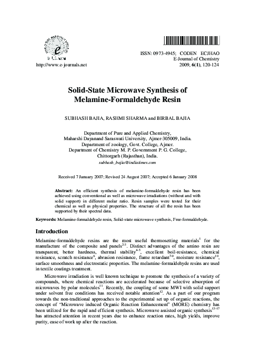 (PDF) Solid-State microwave synthesis of melamine-formaldehyde resin