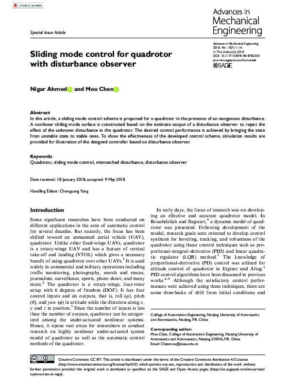(PDF) Sliding mode control for quadrotor with disturbance observer