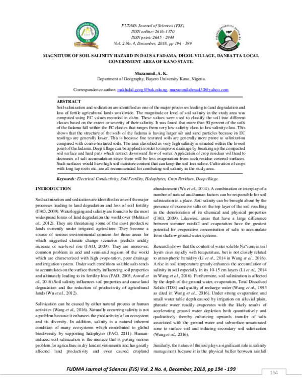 (PDF) Magnitude of Soil Salinity Hazard in Dausa Fadama, Digol Village ...